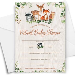 Printed Party Virtual Baby Shower by Mail, Woodland Forest Animals, Set of 5 Double-Sided Invitations, Games, Activities and Thank You Cards