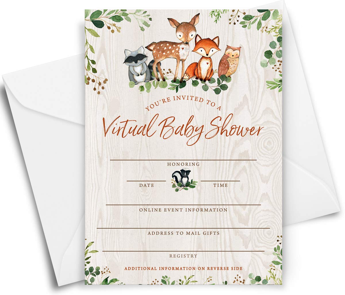 Printed Party Virtual Baby Shower by Mail, Woodland Forest Animals, Set of 5 Double-Sided Invitations, Games, Activities and Thank You Cards