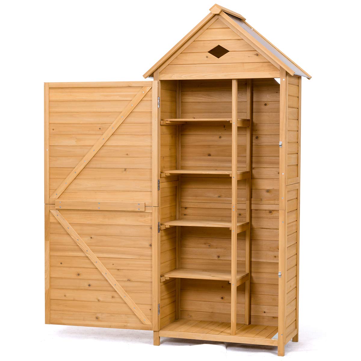 S AFSTAR Outdoor Storage Shed for Garden Tools, Wooden Patio Shed with Gable Roof and Metal Latches