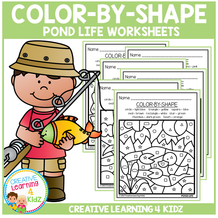 Color By Shape Worksheets: Pond Life