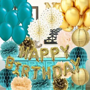 Teal Gold Birthday Decorations Women/Turquoise Teal Women Birthday Party Decorations Polka Dot Fans Teal Gold Balloons for Teal Gold Birthday Party Supplies