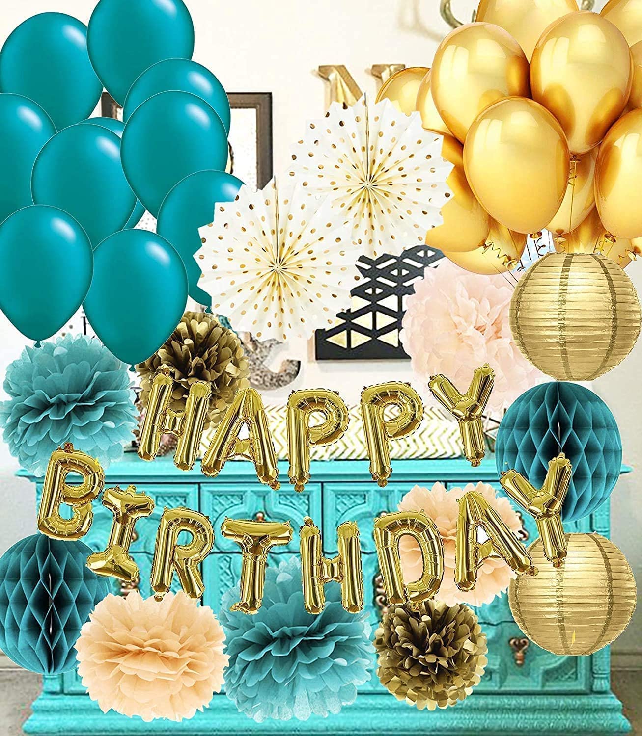 Teal Gold Birthday Decorations Women/Turquoise Teal Women Birthday Party Decorations Polka Dot Fans Teal Gold Balloons for Teal Gold Birthday Party Supplies