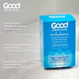 Good Clean Love Rebalance Personal Moisturizing & Cleansing Wipes, Naturally Reduces Odor & Supports Vaginal Health, pH-Balanced Feminine Hygiene Product, 24 Biodegradable Wipes