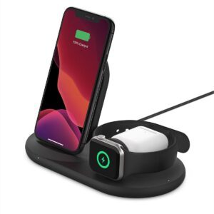 Belkin 3-in-1 Wireless Charger - Fast Charging Stand for Apple iPhone, Apple Watch & AirPods Case Compatible Qi Station For Multiple Devices - Black