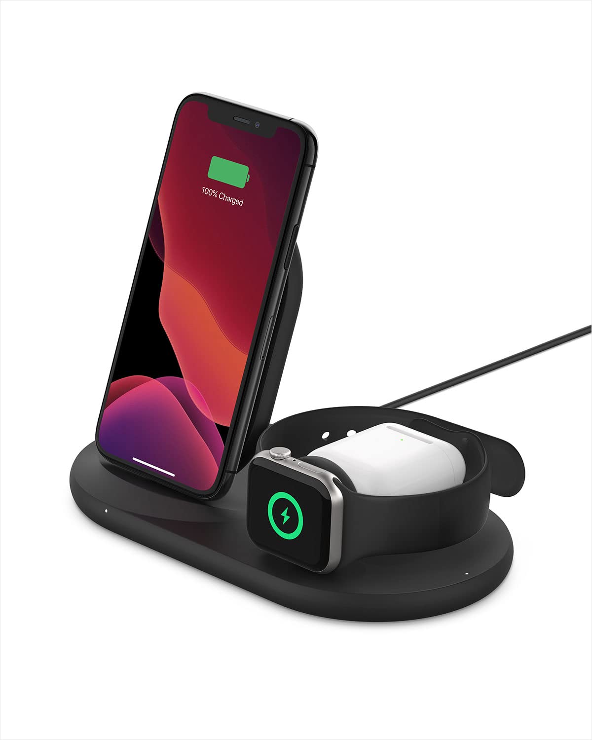 Belkin 3-in-1 Wireless Charger - Fast Charging Stand for Apple iPhone, Apple Watch & AirPods Case Compatible Qi Station For Multiple Devices - Black