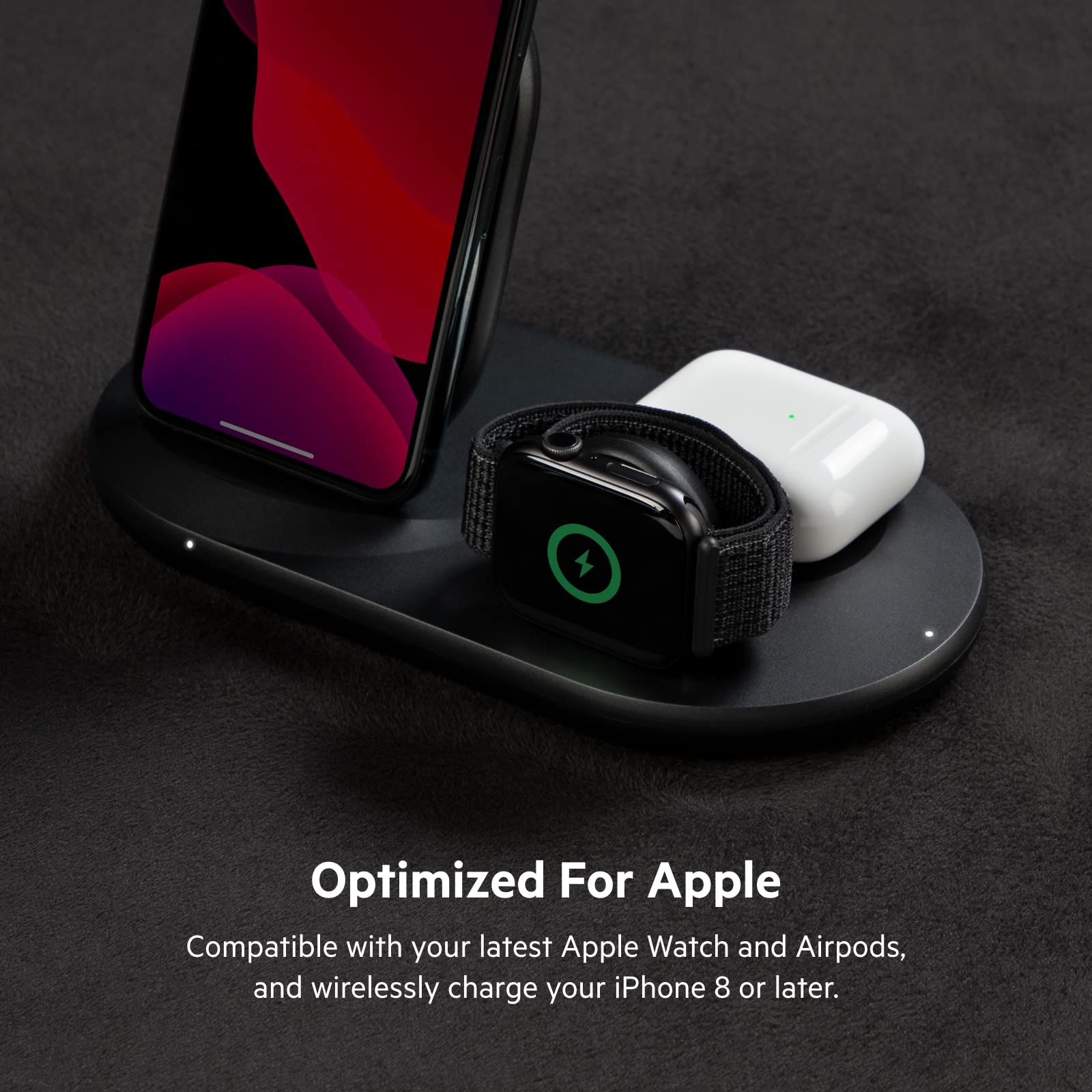 Belkin 3-in-1 Wireless Charger - Fast Charging Stand for Apple iPhone, Apple Watch & AirPods Case Compatible Qi Station For Multiple Devices - Black