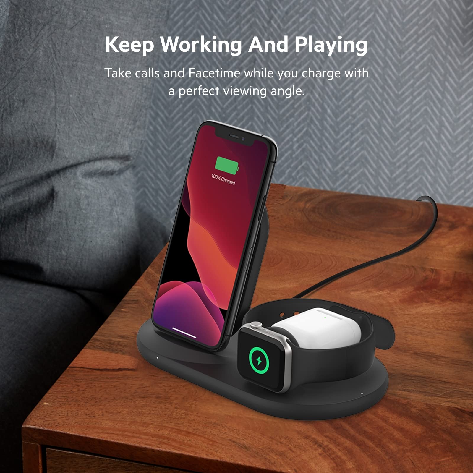 Belkin 3-in-1 Wireless Charger - Fast Charging Stand for Apple iPhone, Apple Watch & AirPods Case Compatible Qi Station For Multiple Devices - Black