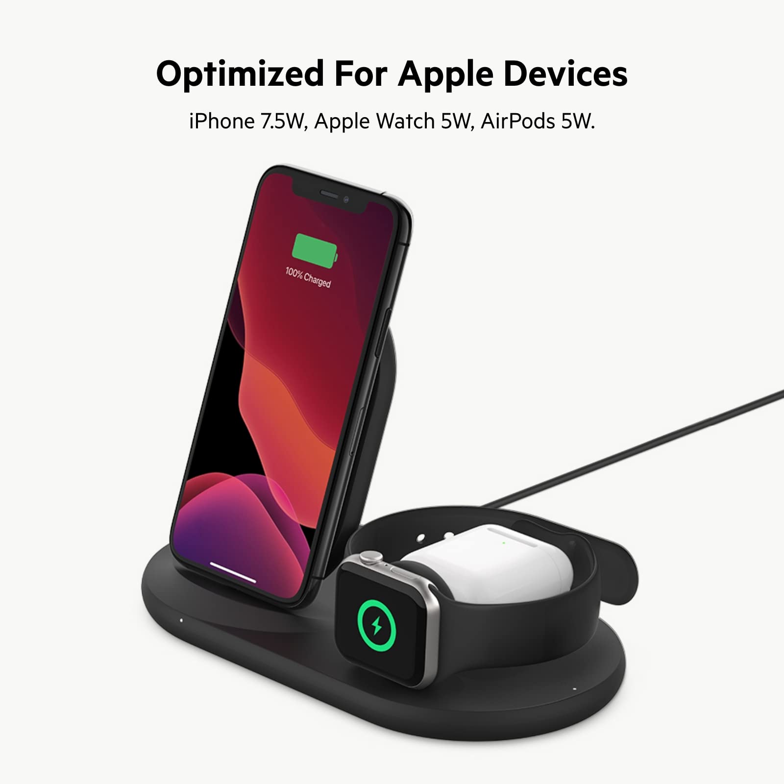 Belkin 3-in-1 Wireless Charger - Fast Charging Stand for Apple iPhone, Apple Watch & AirPods Case Compatible Qi Station For Multiple Devices - Black