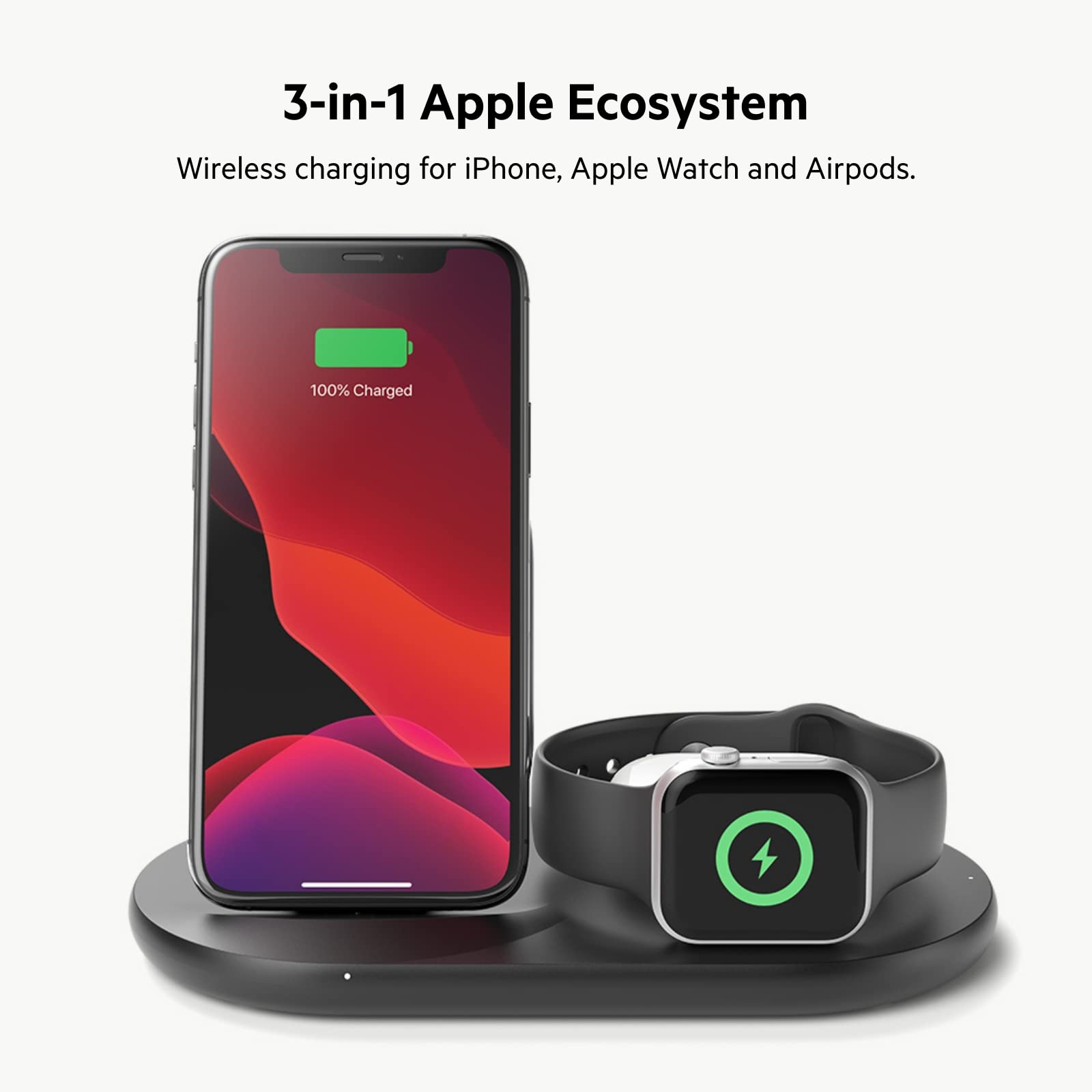 Belkin 3-in-1 Wireless Charger - Fast Charging Stand for Apple iPhone, Apple Watch & AirPods Case Compatible Qi Station For Multiple Devices - Black