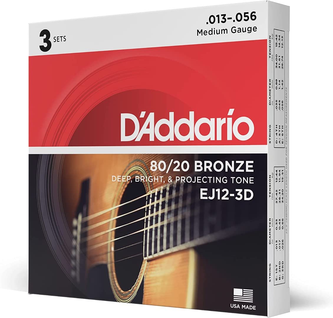 D'Addario EJ12-3D Acoustic Strings 80/20 Bronze 13-56 Medium 3-Pack