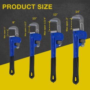 KOTTO 4 Pack Set Heavy Duty Pipe Wrench Set Heat Treated Adjustable 8, 10, 12, 14 Inches Soft Grip Plumbing Wrench Set with Storage Bag (Blue)