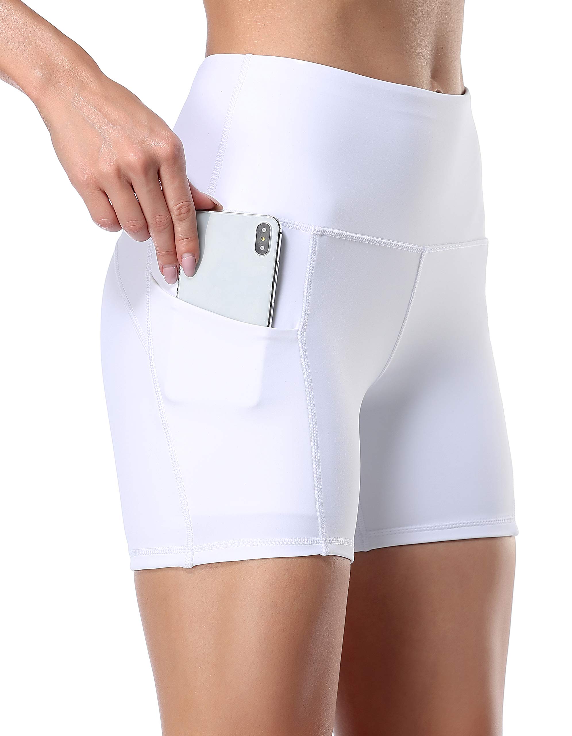 Oalka Women's Short Yoga Side Pockets High Waist Workout Running Shorts 4" Pure White Size S