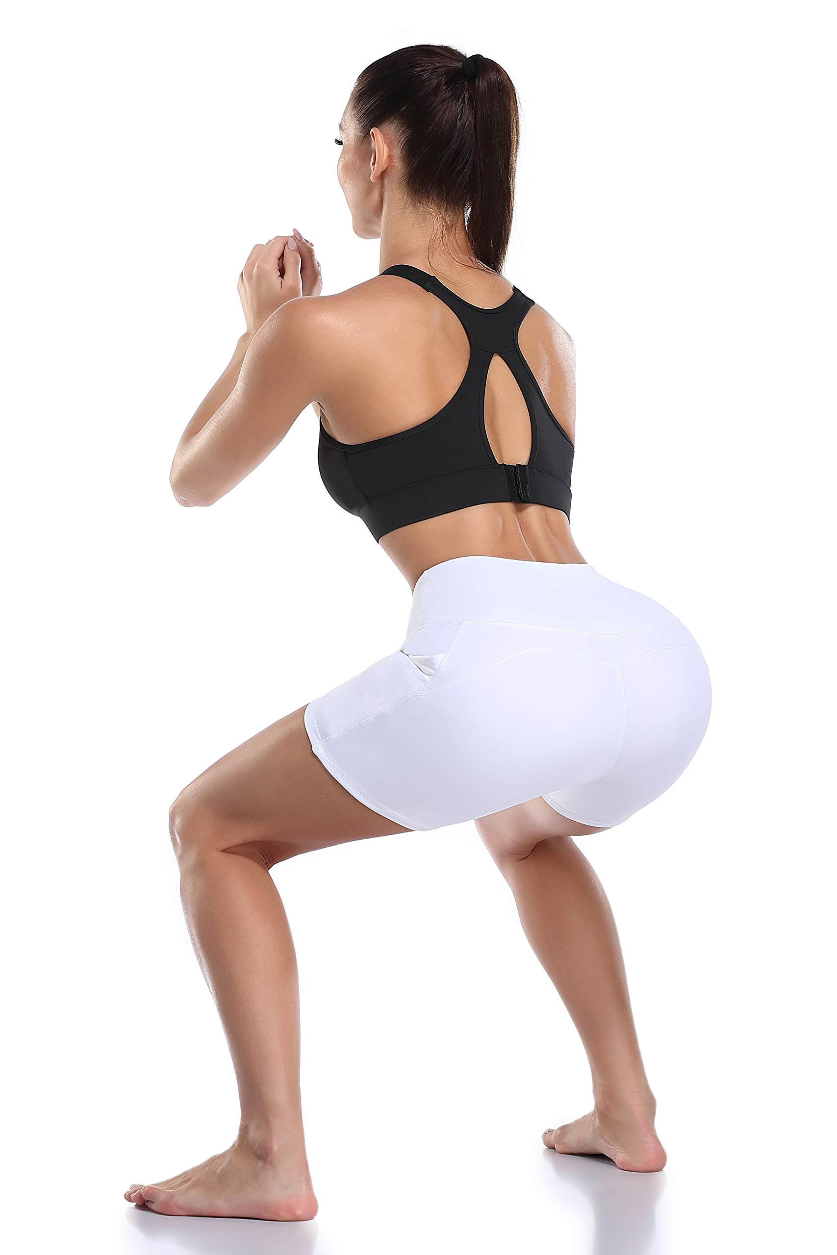 Oalka Women's Short Yoga Side Pockets High Waist Workout Running Shorts 4" Pure White Size S