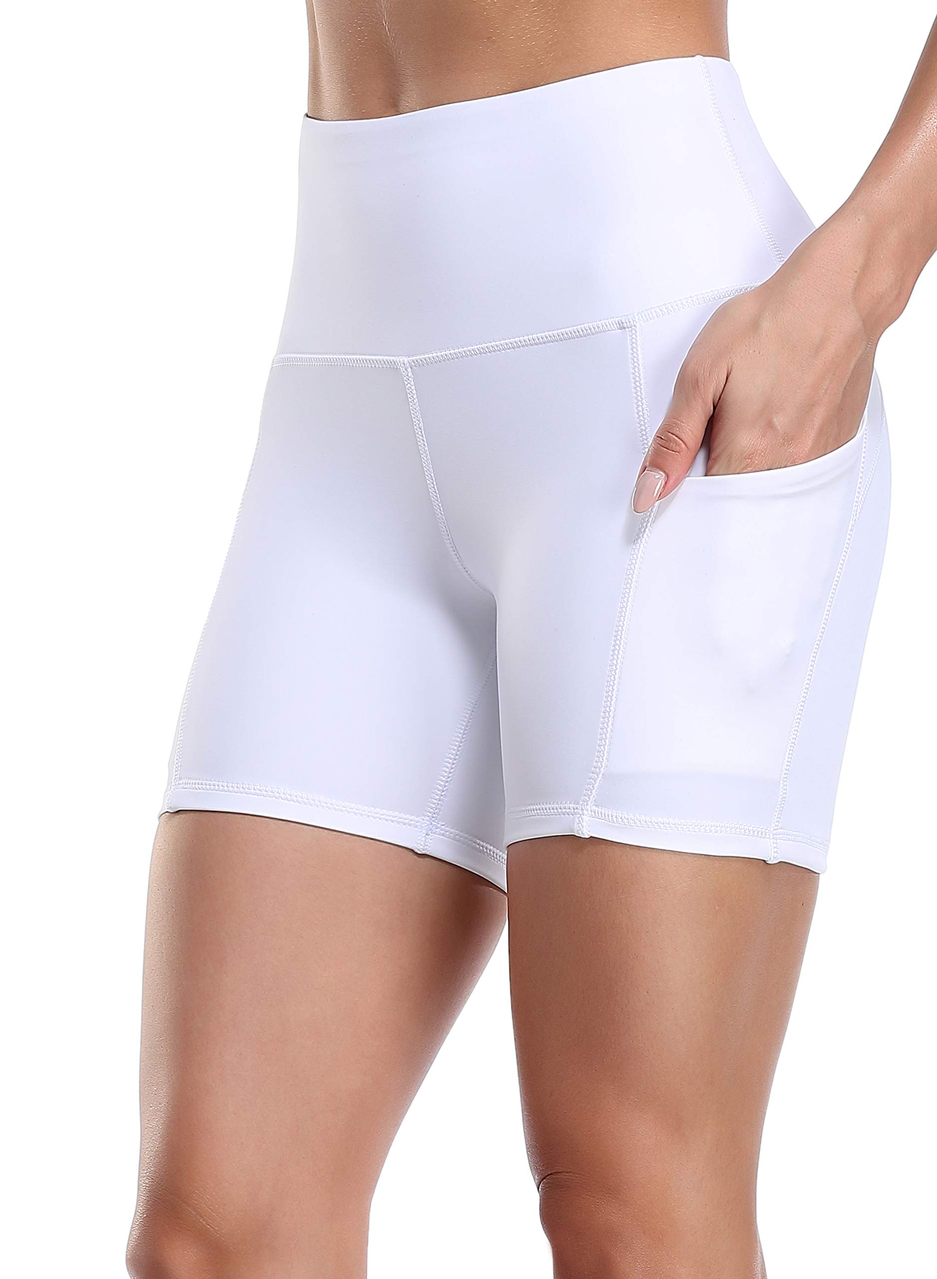 Oalka Women's Short Yoga Side Pockets High Waist Workout Running Shorts 4" Pure White Size S