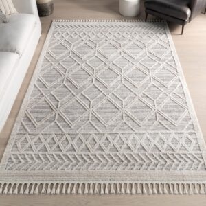 nuLOOM 9x12 Ansley Moroccan Tassel Area Rug, Light Grey, High-Low Textured Bohemian Design, Plush High Pile, Stain Resistant, For Bedroom, Living Room, Hallway, Entryway