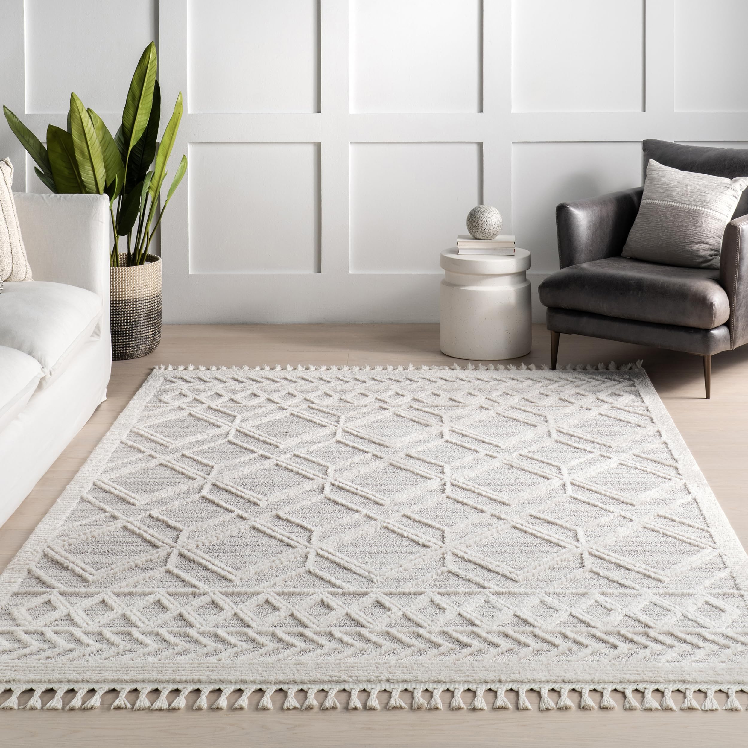 nuLOOM 9x12 Ansley Moroccan Tassel Area Rug, Light Grey, High-Low Textured Bohemian Design, Plush High Pile, Stain Resistant, For Bedroom, Living Room, Hallway, Entryway