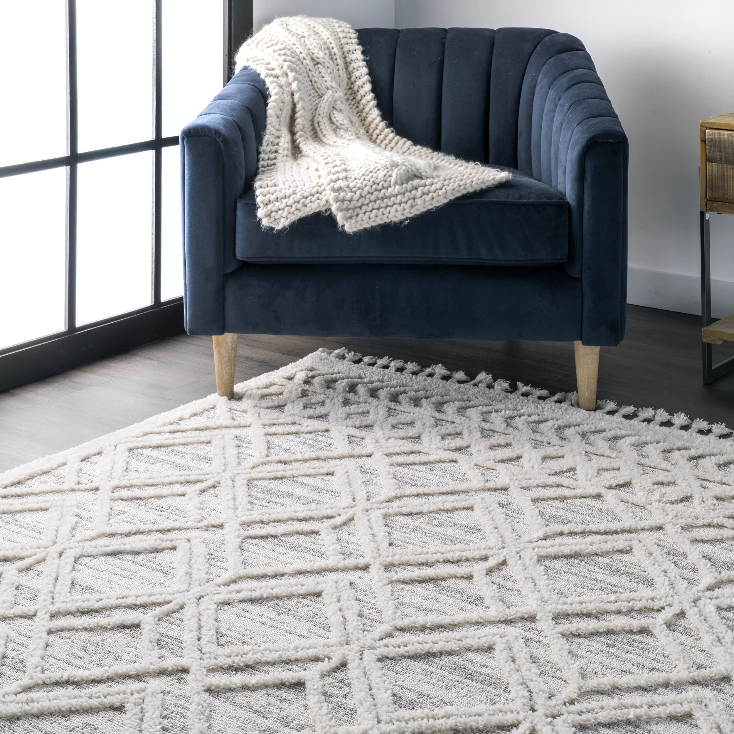 nuLOOM 9x12 Ansley Moroccan Tassel Area Rug, Light Grey, High-Low Textured Bohemian Design, Plush High Pile, Stain Resistant, For Bedroom, Living Room, Hallway, Entryway