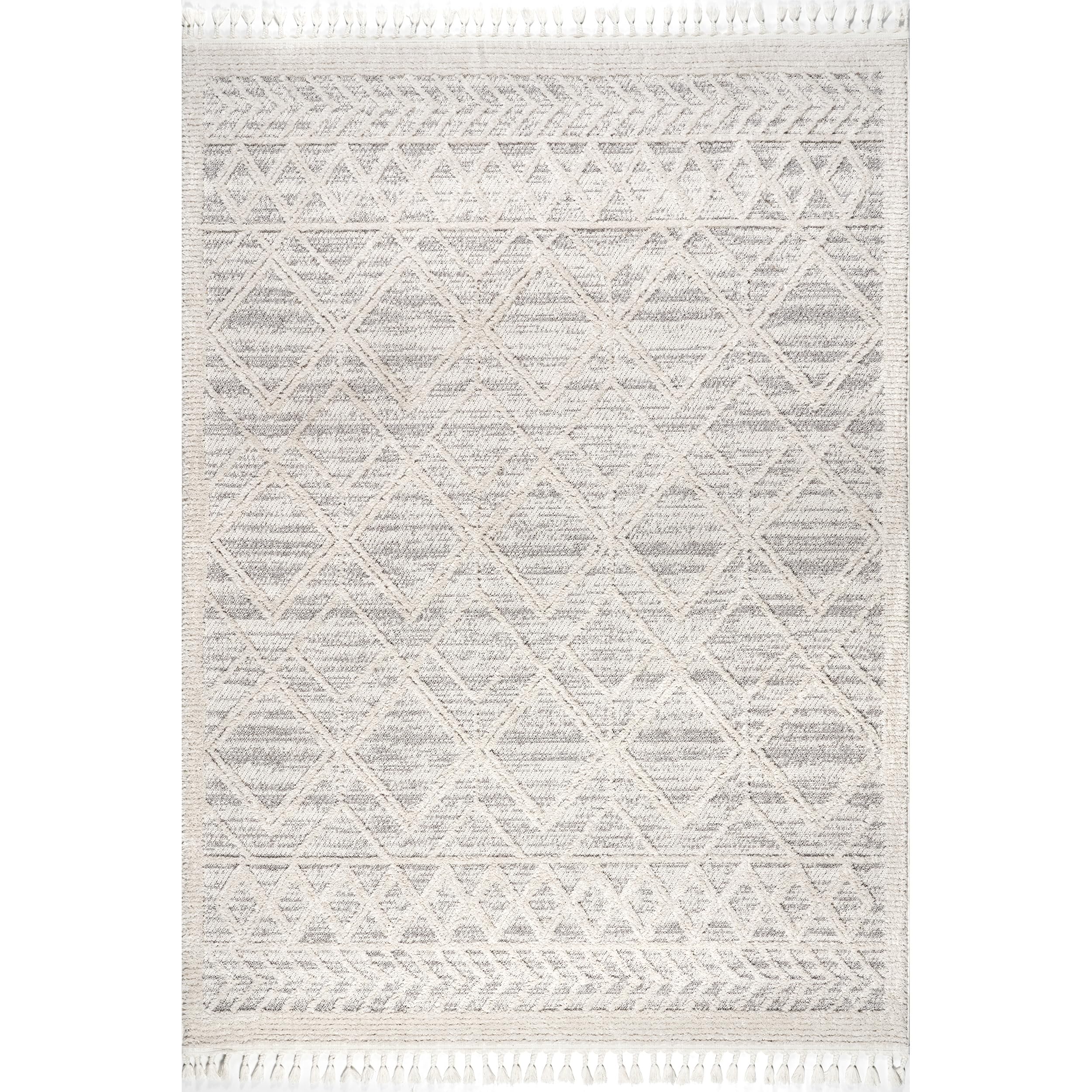 nuLOOM 9x12 Ansley Moroccan Tassel Area Rug, Light Grey, High-Low Textured Bohemian Design, Plush High Pile, Stain Resistant, For Bedroom, Living Room, Hallway, Entryway