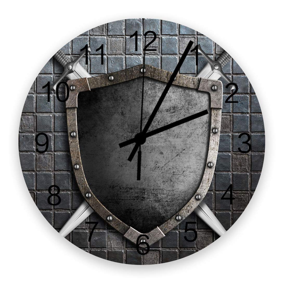 12 Inch Silent Round Wooden Wall Clock Medieval Knight Shield Wall Clock, Non Ticking Battery Operated Quartz Home Decor Wall Clocks for Living Room/Kitchen/Office