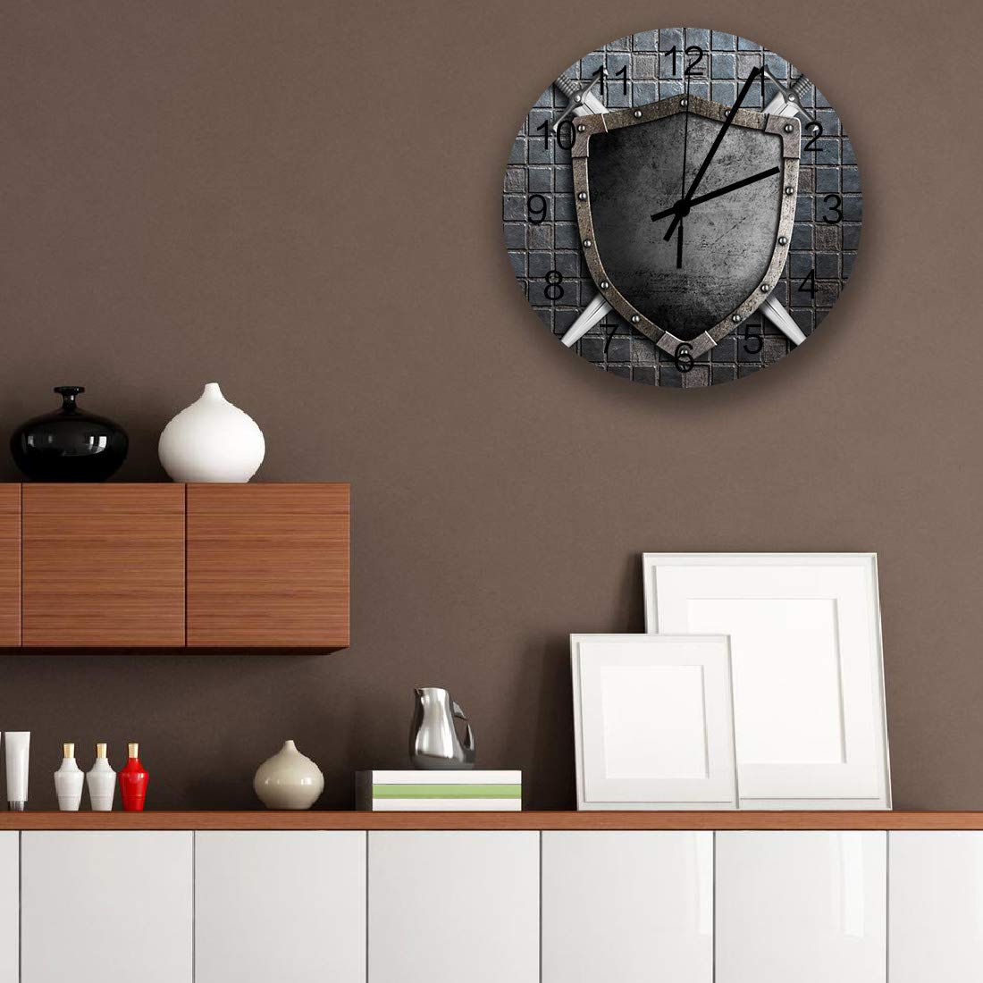 12 Inch Silent Round Wooden Wall Clock Medieval Knight Shield Wall Clock, Non Ticking Battery Operated Quartz Home Decor Wall Clocks for Living Room/Kitchen/Office