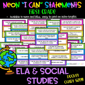 "i can" statements for language arts/social studies: 1st - neon theme