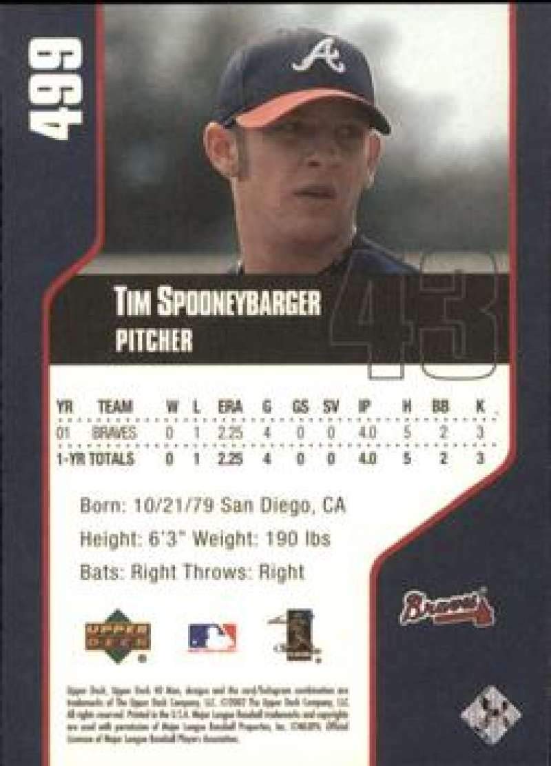 2002 Upper Deck 40-Man Baseball #499 Tim Spooneybarger Atlanta Braves Official MLB Trading Card From The UD Company