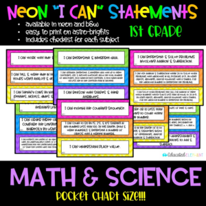 "i can" statements for math/science: 1st grade - neon theme