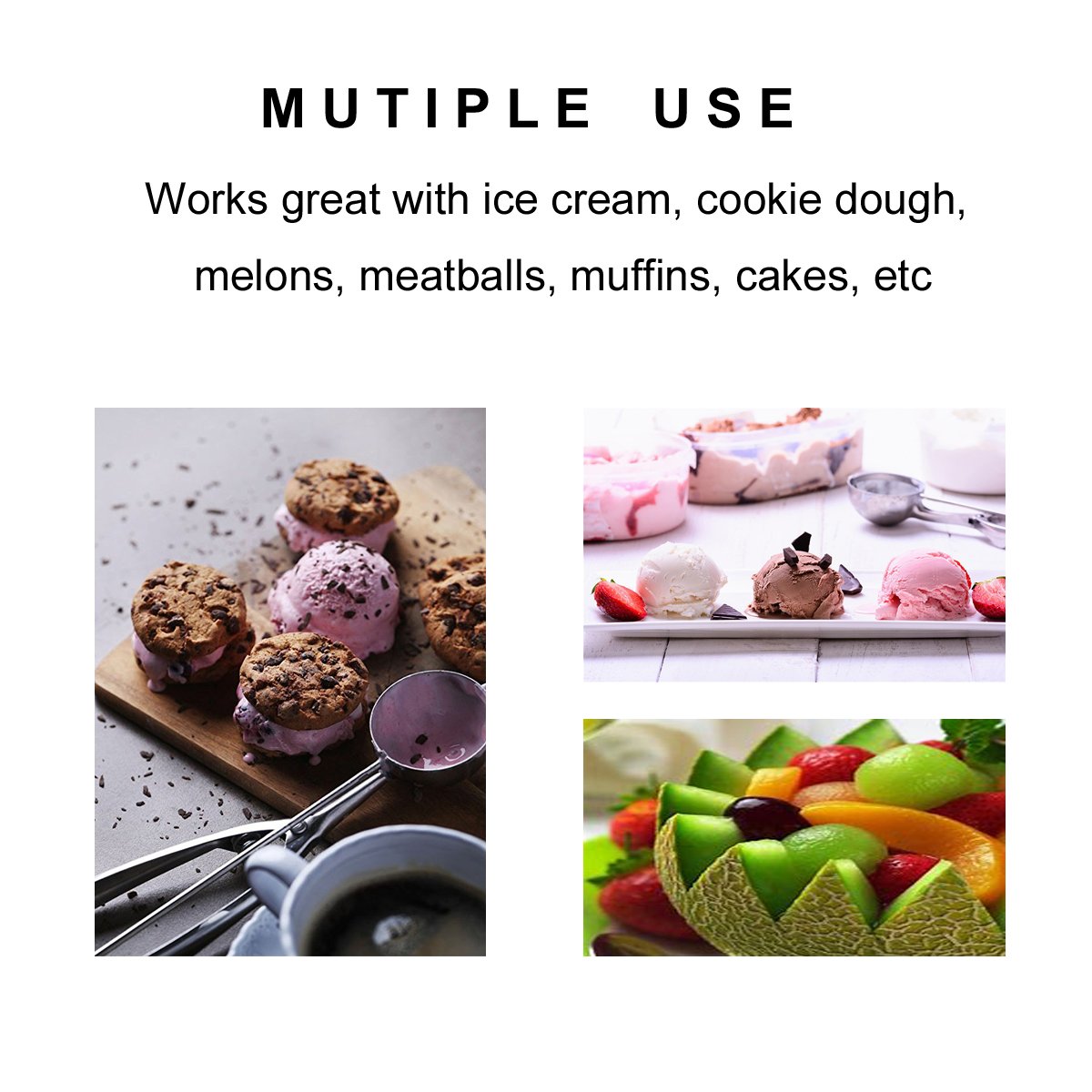 Ice Cream Scoop with Trigger Set of 3, 18/8 Stainless Steel Metal Small Medium Large Cookie Dough Scoop for Baking Melon Ball Cupcakes 1+1.5+2 Tablespoon