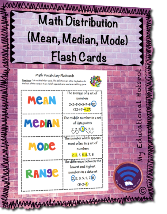 Distribution Vocabulary Flash Cards (Mean, Median, Mode and Range)