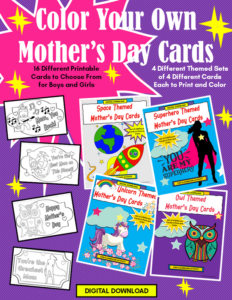 color your own mother's day cards | 16 different card options 4 different themes space, unicorn, owl and superhero | for boys and girls