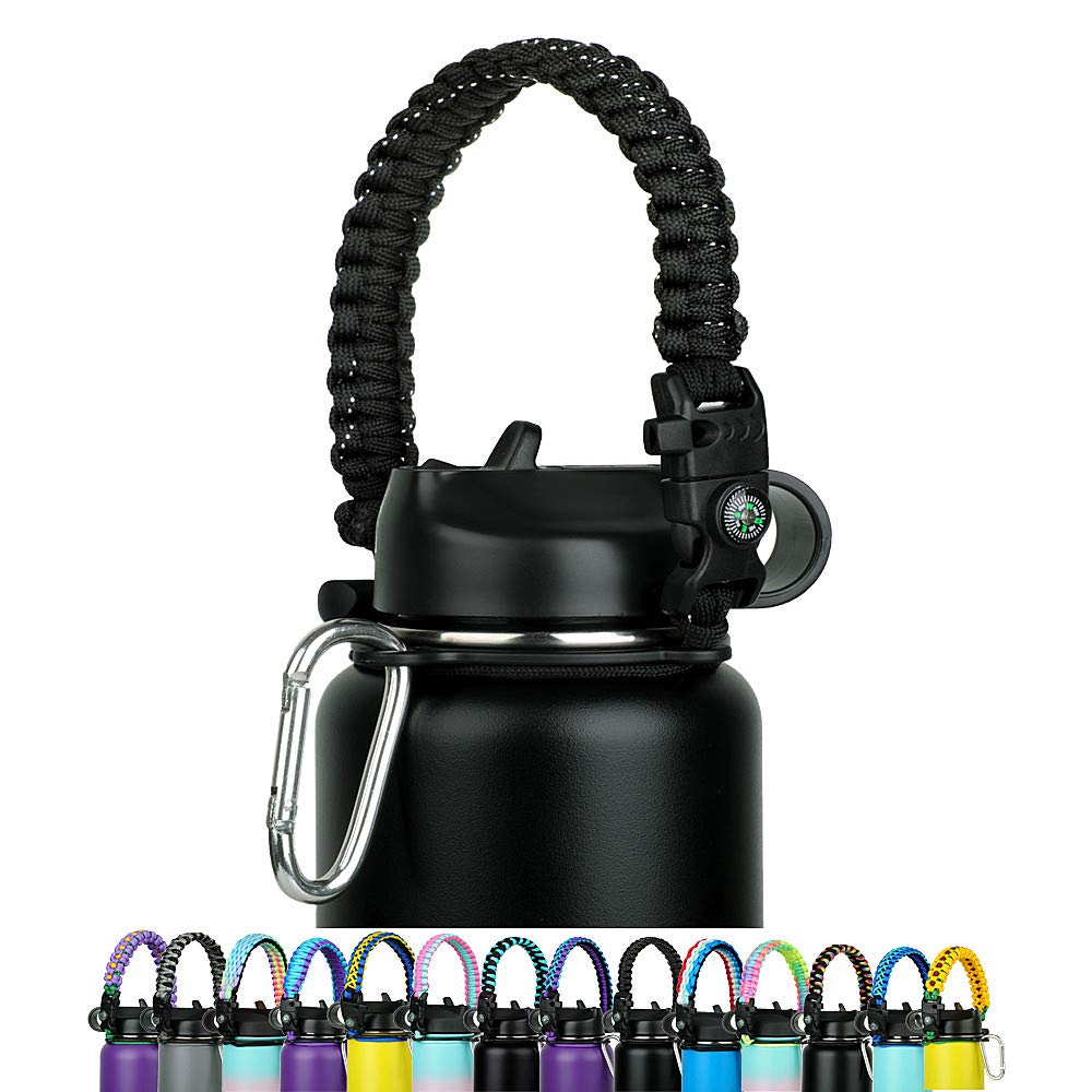 Paracord Handle - Fits Wide Mouth Bottles 12oz to 64oz Durable Carrier, Carrier Strap Cord with Safety Ring,Compass and Carabiner Ideal Water Bottle (Black)