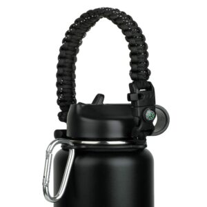 Paracord Handle - Fits Wide Mouth Bottles 12oz to 64oz Durable Carrier, Carrier Strap Cord with Safety Ring,Compass and Carabiner Ideal Water Bottle (Black)