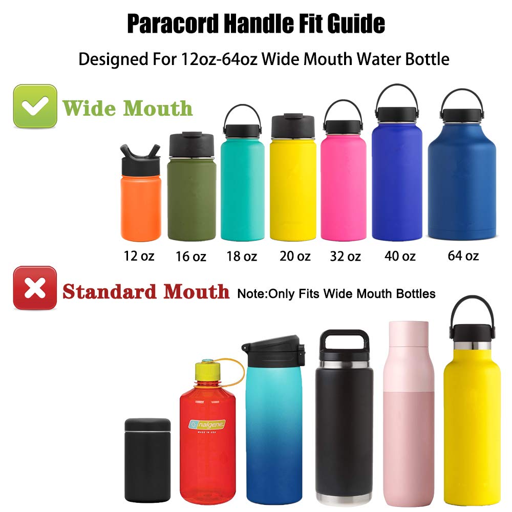 Paracord Handle - Fits Wide Mouth Bottles 12oz to 64oz Durable Carrier, Carrier Strap Cord with Safety Ring,Compass and Carabiner Ideal Water Bottle (Black)