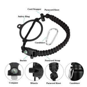 Paracord Handle - Fits Wide Mouth Bottles 12oz to 64oz Durable Carrier, Carrier Strap Cord with Safety Ring,Compass and Carabiner Ideal Water Bottle (Black)