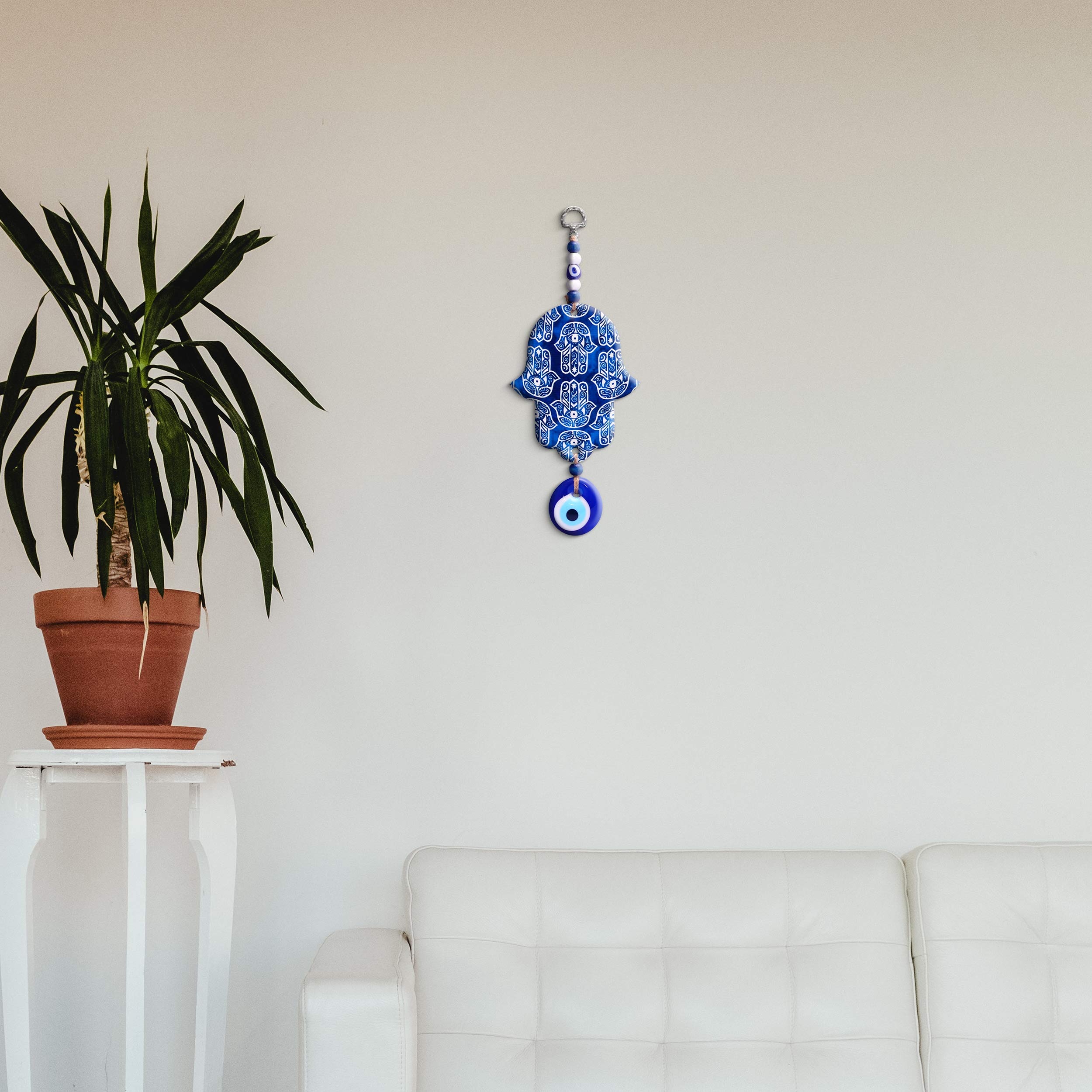 Blue Hamsa Hand Wall Hanging Decor with Evil Eye for Home Alef Bet by Paula