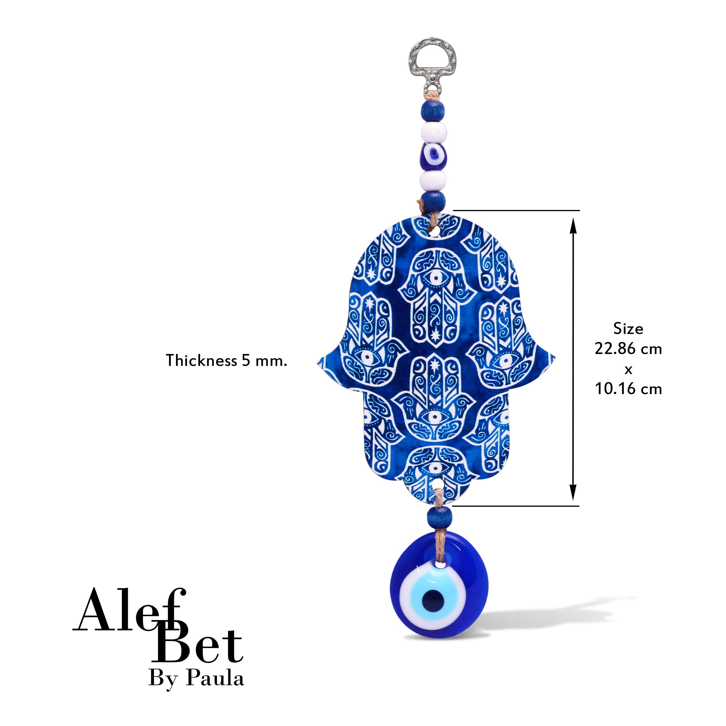 Blue Hamsa Hand Wall Hanging Decor with Evil Eye for Home Alef Bet by Paula