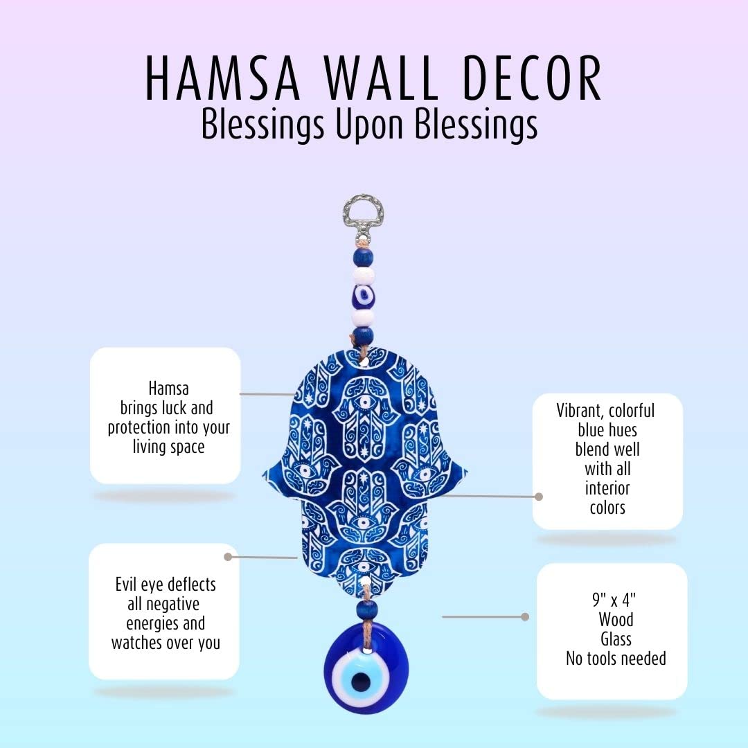 Blue Hamsa Hand Wall Hanging Decor with Evil Eye for Home Alef Bet by Paula