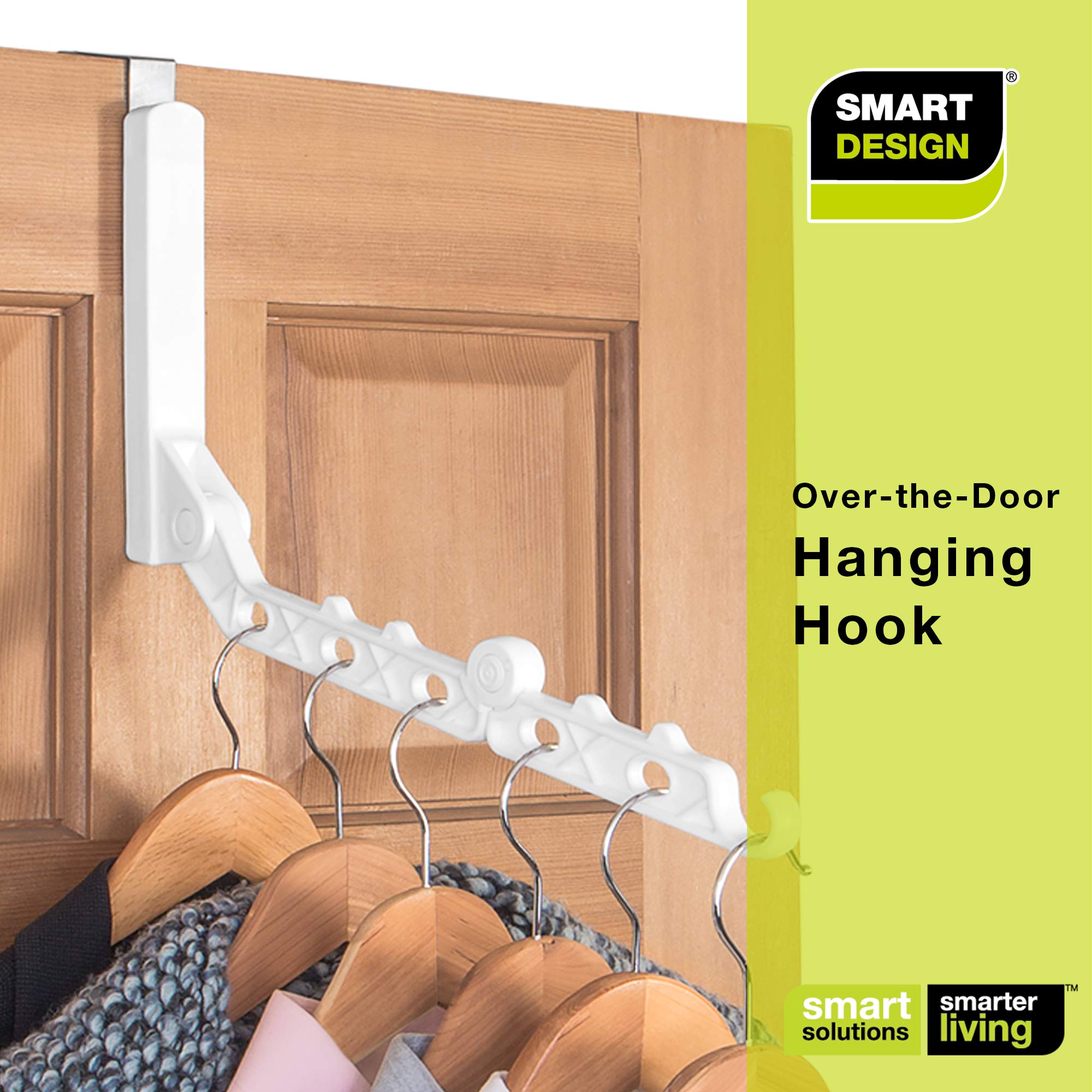 Smart Design Over The Door Hanger Holder Hooks with Expandable Arm - Steel Metal Hook - Rust Resistant Material - Hanging Closet, Towel, and Storage Rack - Home - 17 x 11 Inch - White