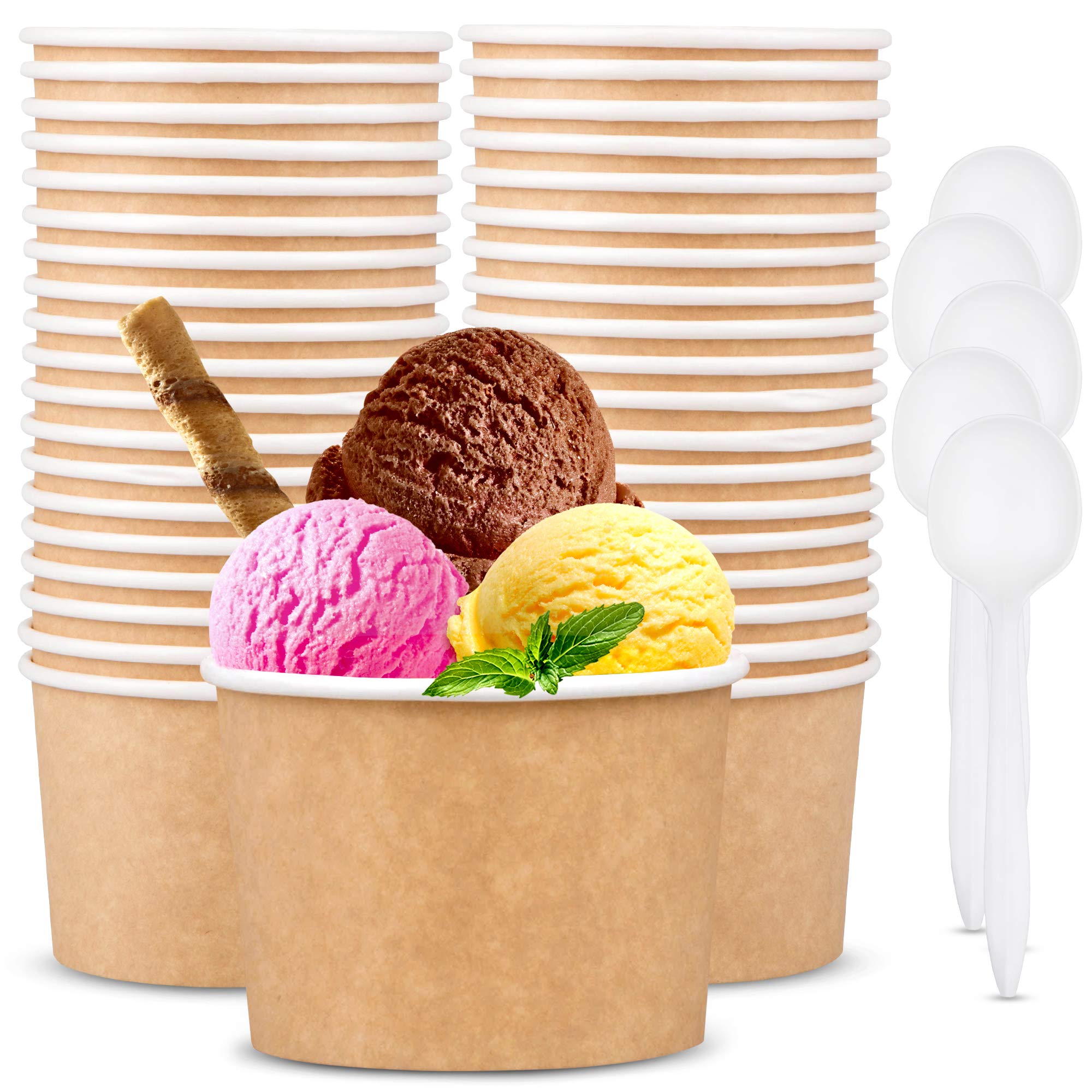 Promora 12 oz Paper Ice Cream Cups Disposable, Disposable Bowls for Hot Soup or Dessert with Spoons, Perfect for Hot & Cold Food, Disposable Soup Bowls, Ice Cream Bowls Disposable (Brown, 12 oz)