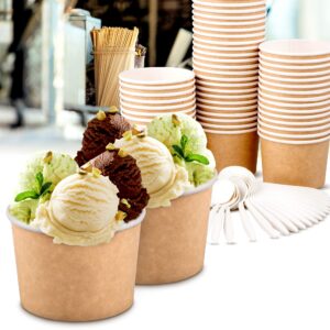 Promora 12 oz Paper Ice Cream Cups Disposable, Disposable Bowls for Hot Soup or Dessert with Spoons, Perfect for Hot & Cold Food, Disposable Soup Bowls, Ice Cream Bowls Disposable (Brown, 12 oz)