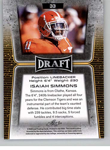 2020 Leaf Draft #33 Isaiah Simmons RC - Clemson Tigers Arizona Cardinals (RC - Rookie Card) NM-MT NFL Trading Football Card