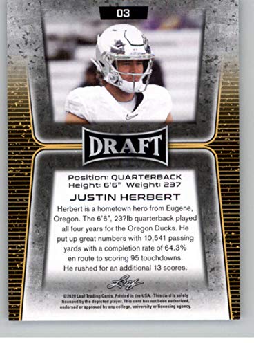 2020 Leaf Draft #3 Justin Herbert RC - Oregon Ducks LA Chargers (RC - Rookie Card) NM-MT NFL Trading Football Card