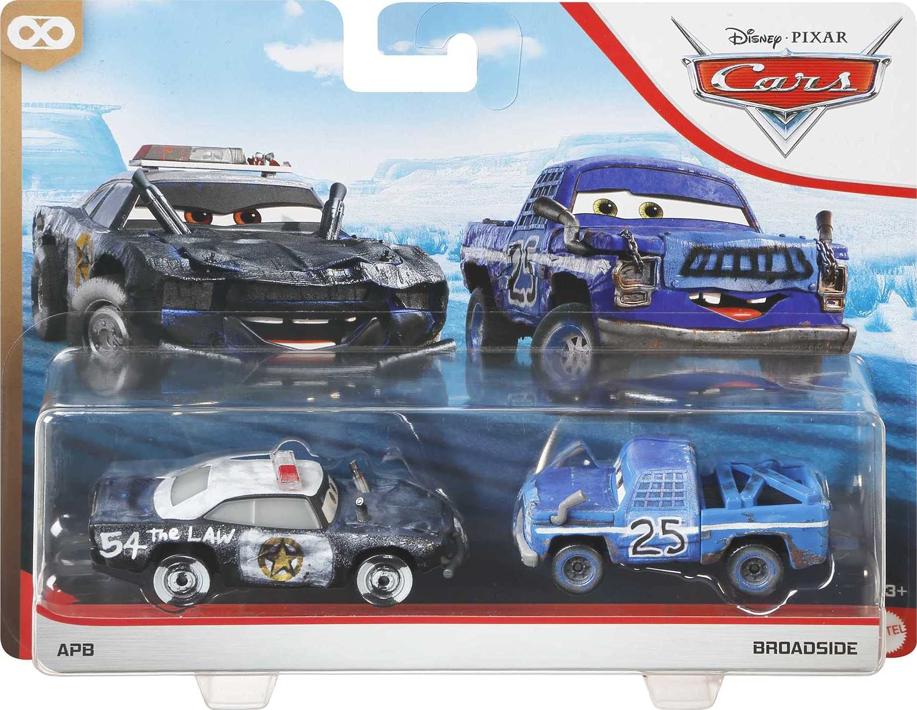 Disney Car Toys 2-Pack, APB and Broadside, 1:55 Scale Die-Cast Fan Favorite Vehicles For Racing And Storytelling Play, Gift for Kids 3 Years and Older