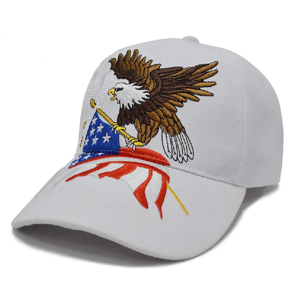 FLYOUTH Creative Baseball Cap Bald Eagle and US Flag Hat Wild Sun Shade Embroidered Peaked Cap (White)