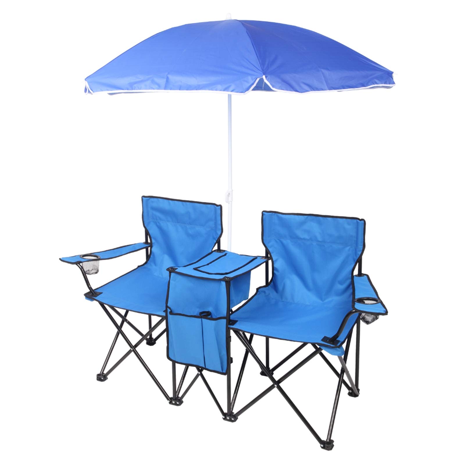 Develoo Double Folding Chairs, Portable Outdoor 2-Seat Folding Chair with Removable Sun Umbrella Camp Chairs with Shade Canopy for Outdoor Patio Garden Picnic Lawn Beach Camping Fishing NMFIN