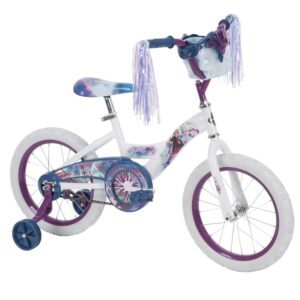 huffy frozen 2 16-inch kids toddler boys and girls ages 4-8 training wheel coaster bike bicycle with handlebar bag and streamers, purple