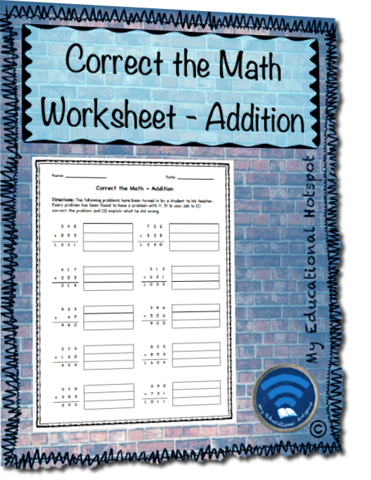 Correct the Math Worksheet (Addition)