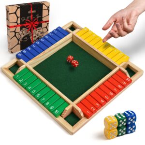 wooden shut the box – indoor dice game – ideal for 2-4 players – great family game – colorful design - comfortable felt – smart math game for kids – fun learning board game - nice gift packaging