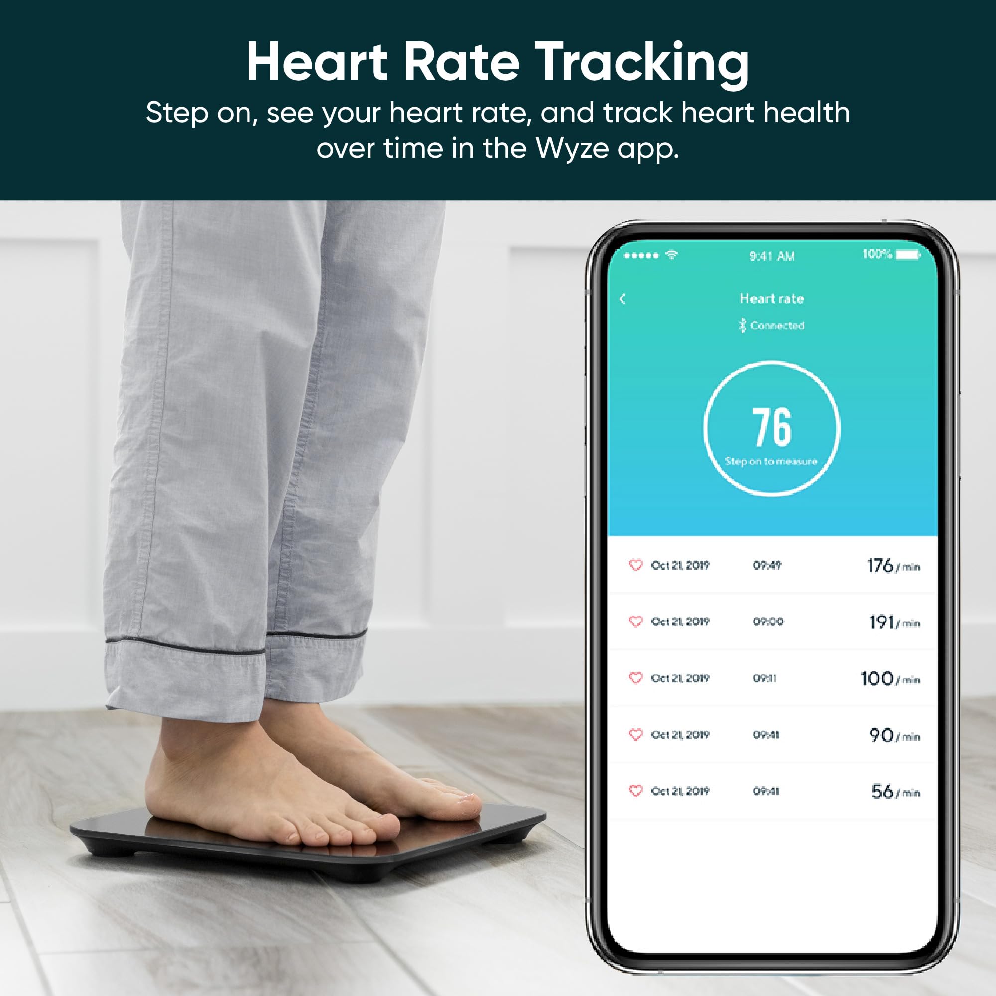 Wyze Smart Scale, Wireless Digital Bathroom Scale for Body Weight, BMI, Body Fat Percentage, Heart Rate Monitor, App Connected, Bluetooth, 400 lb Capacity (Black)