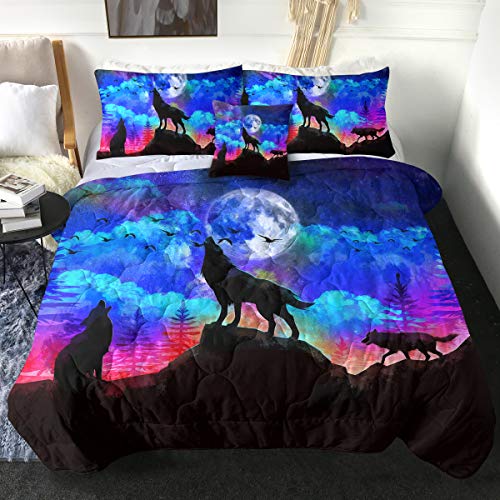 Sleepwish Wolf Bedding Twin Set with Comforter Galaxy Wolf Bedding 4 Piece Wolves Howling Bed Set for Boys Retro Oil Painting Wolf Design Bedspreads Purple Blue and Black